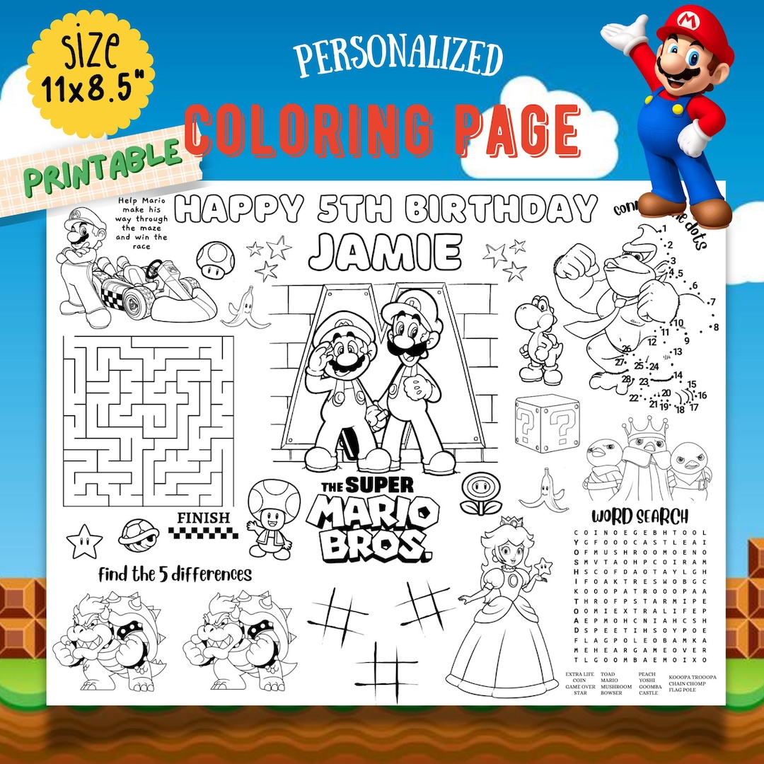 Super Mario Birthday Coloring Page, Super Mario Party Favors, Placemat ...