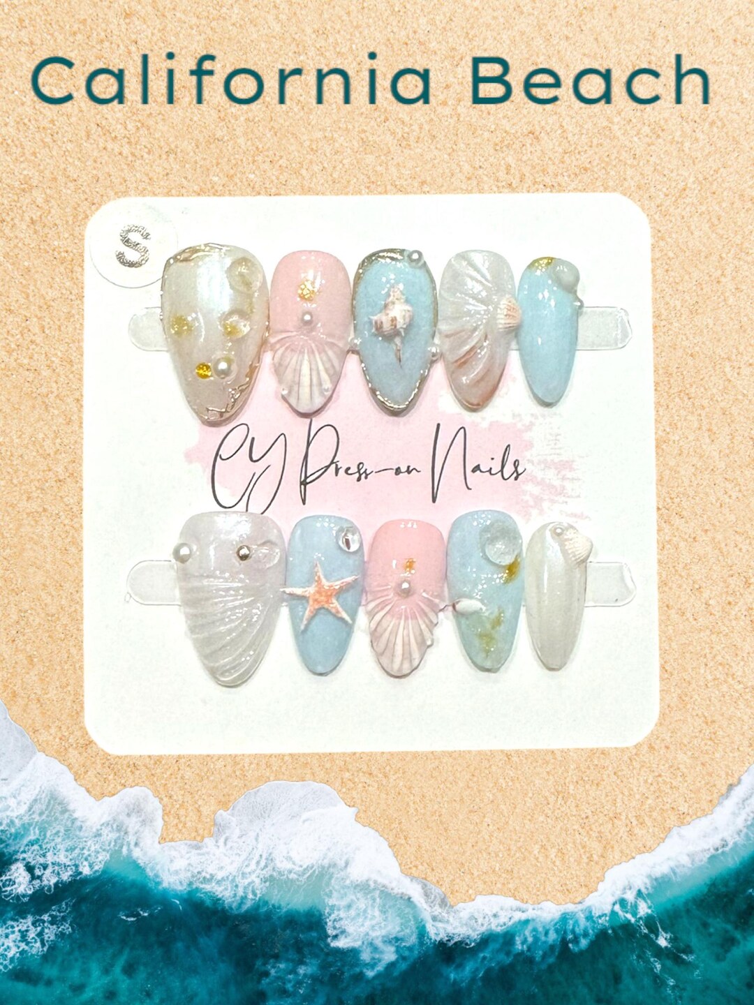 California Beach 3D Short Almond Pointy Nails Vacation Summer Nails ...