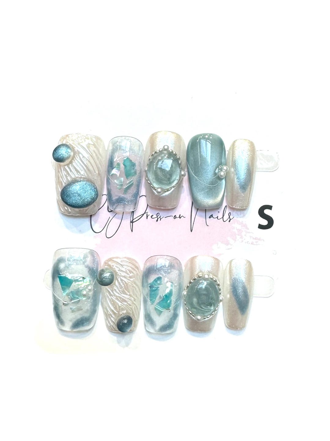Mercury Blue Sea Planet Short Coffin Nails Work-friendly Handmade ...