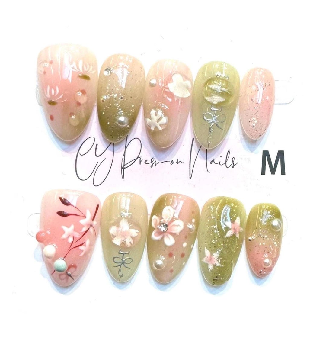 Sakura Tanghulu Patel Color 3D Design Handmade Reusable Press-on Nails ...
