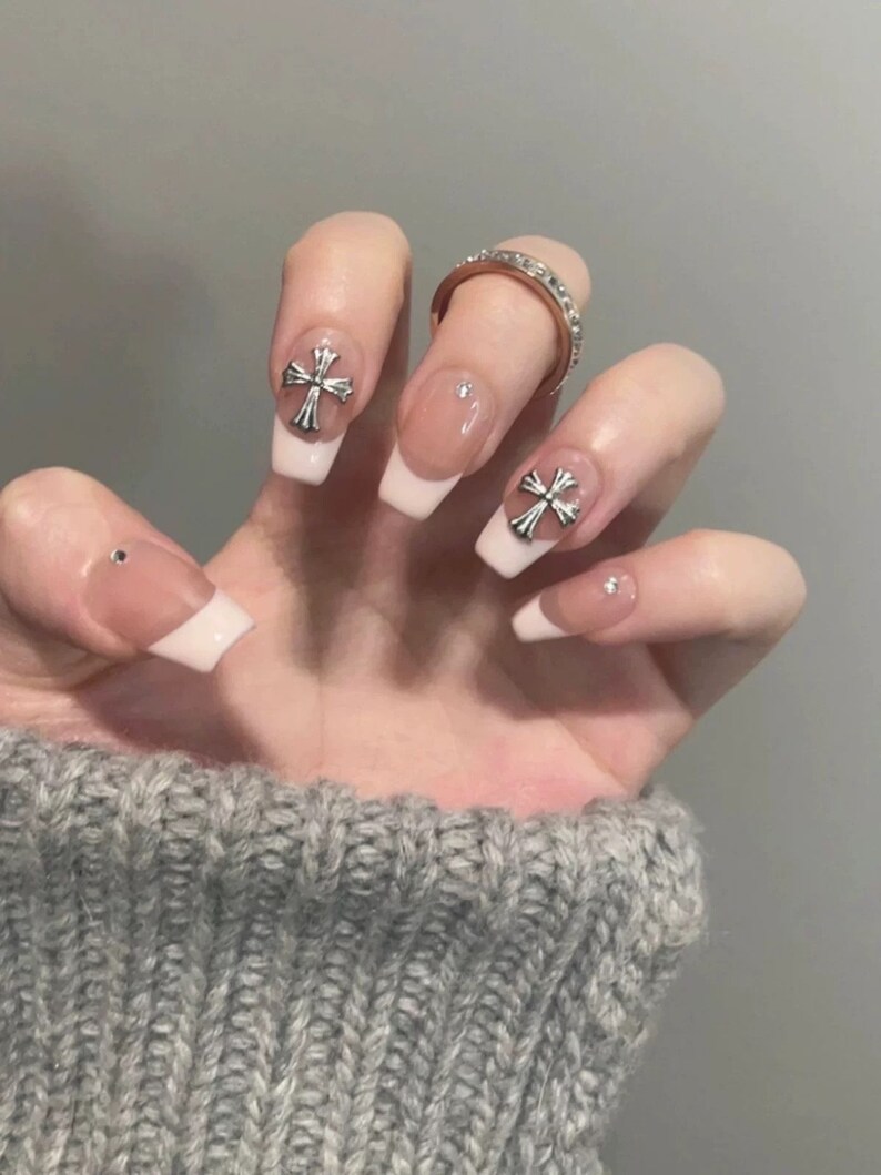 Chrome Hearts Cross Goth Pink Nails French Tips Girly Feminine Simple ...