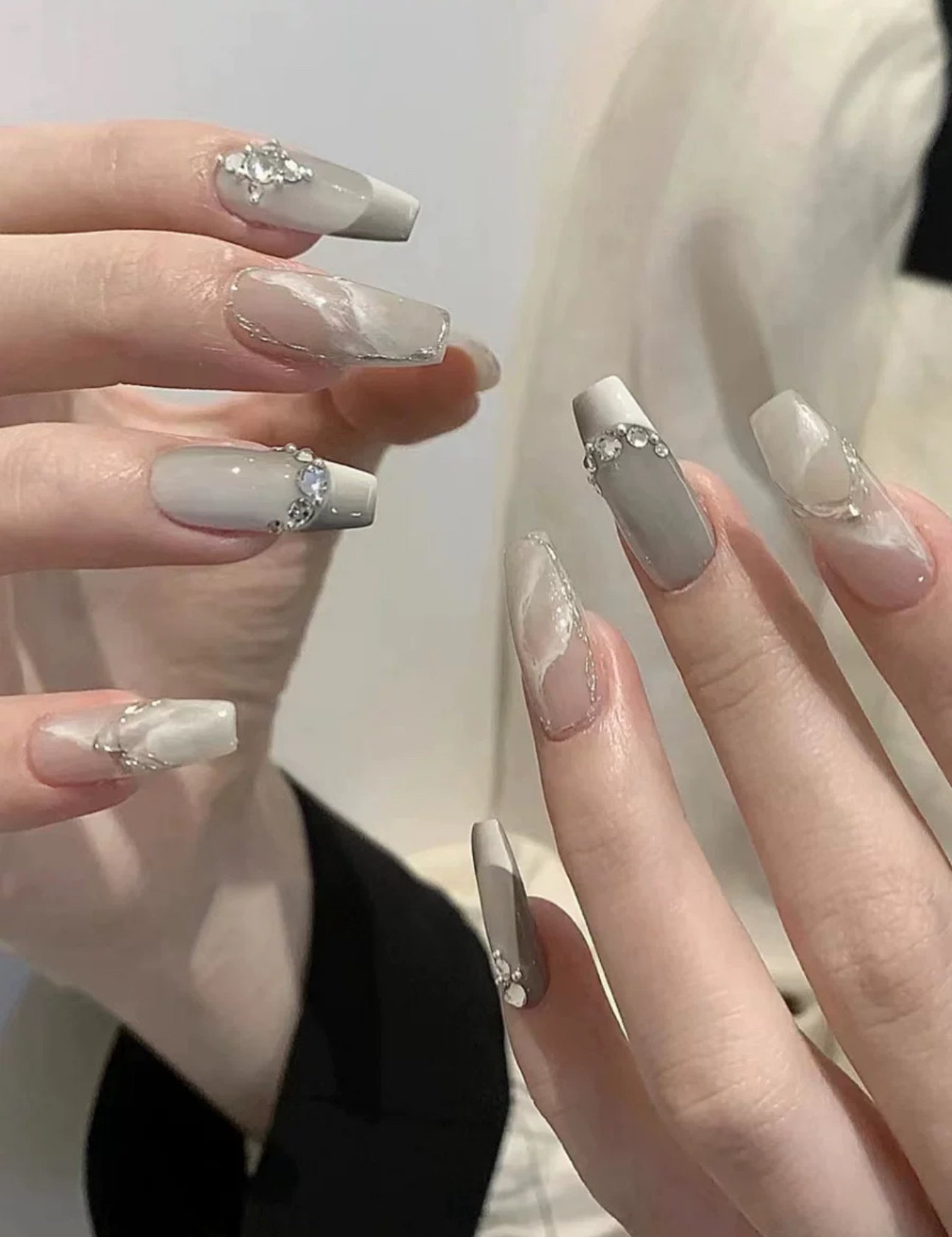 Silver Grey Spring Shading Crystals French Medium Coffin Press-on Nails ...