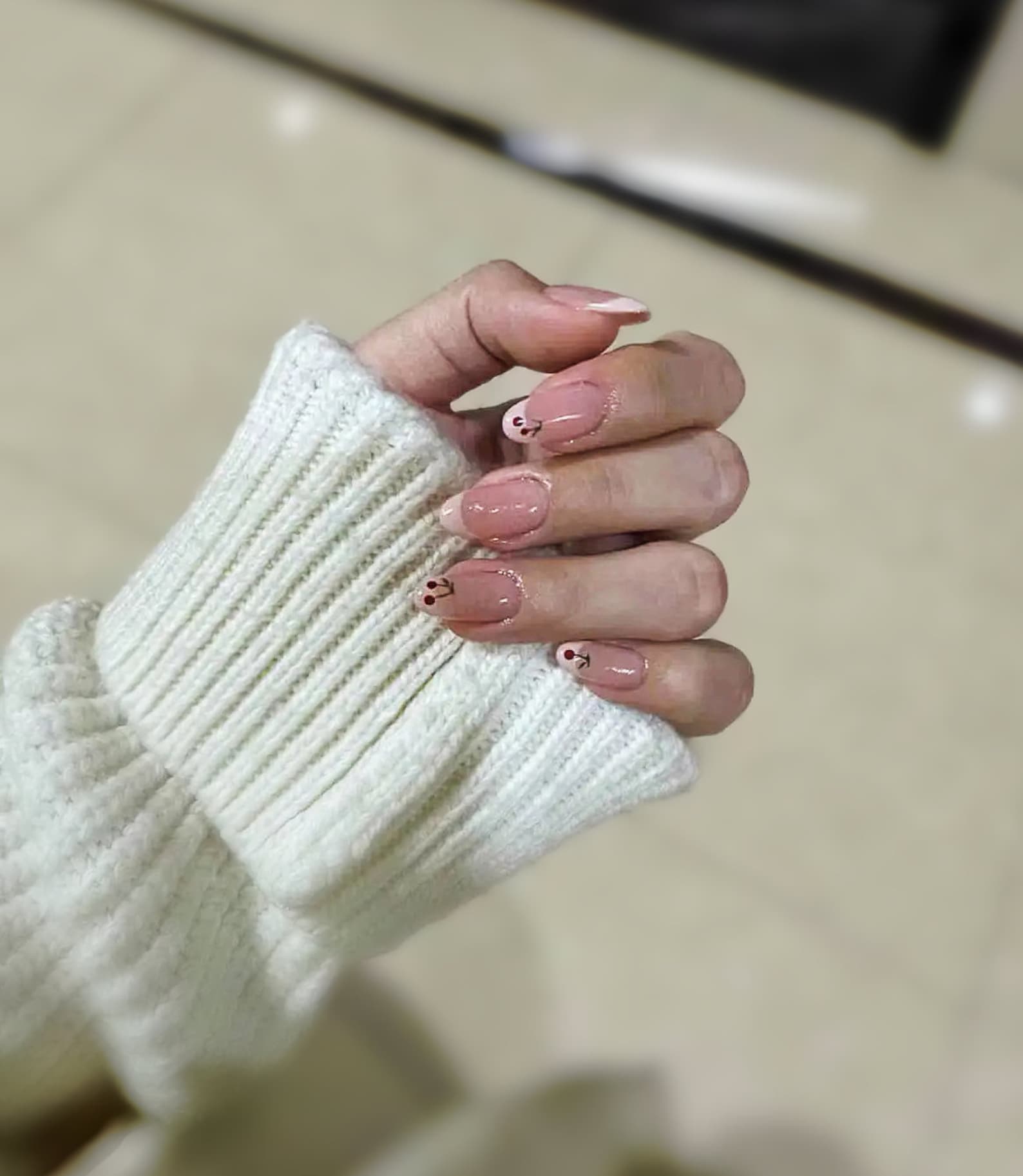 Pink Cherry French Tips Short Oval Cute and Lovely Handmade Salon ...