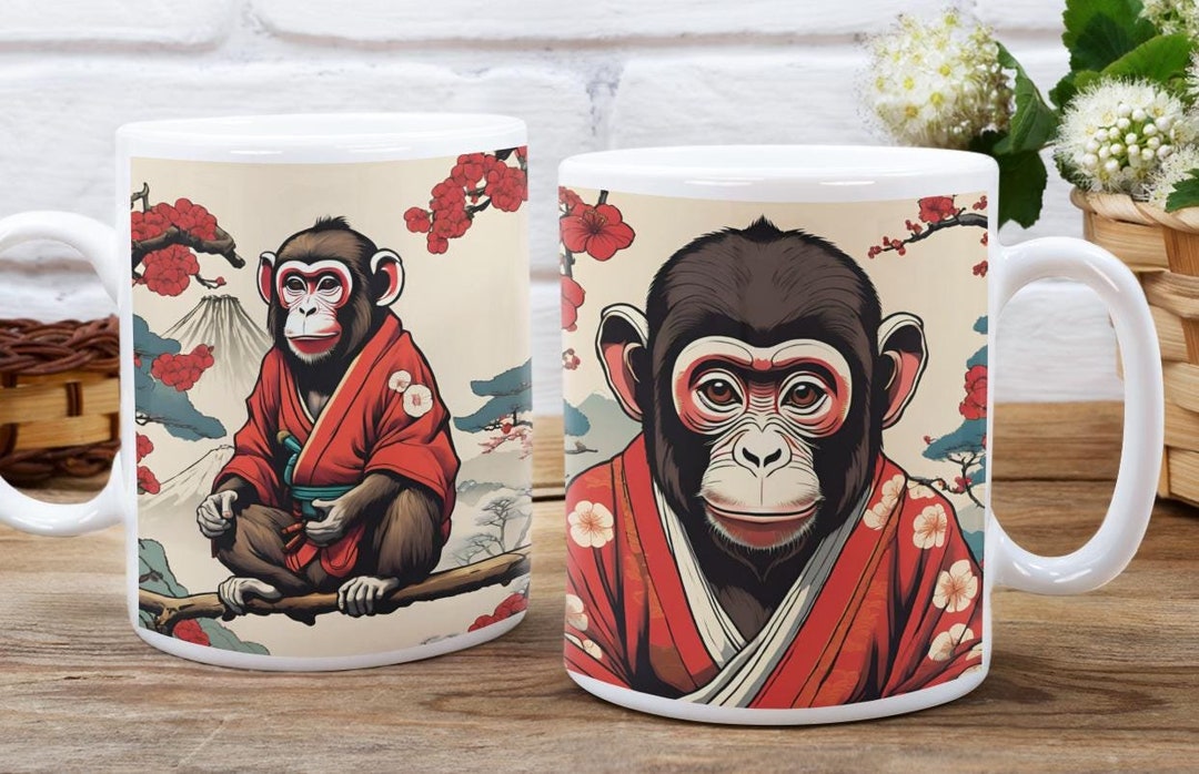 Japandi Style Monkey Samurai in Red Kimono Mug / Unique Ceramic Coffee ...