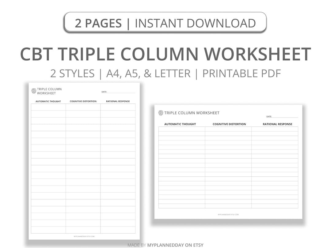 CBT Triple Column Worksheets for Therapist, Psychologist or Counselor ...
