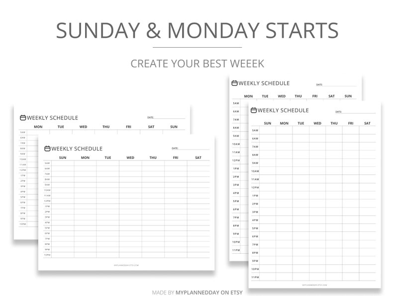 Hourly Weekly Schedule Landscape and Portrait, Printable Weekly Planner ...