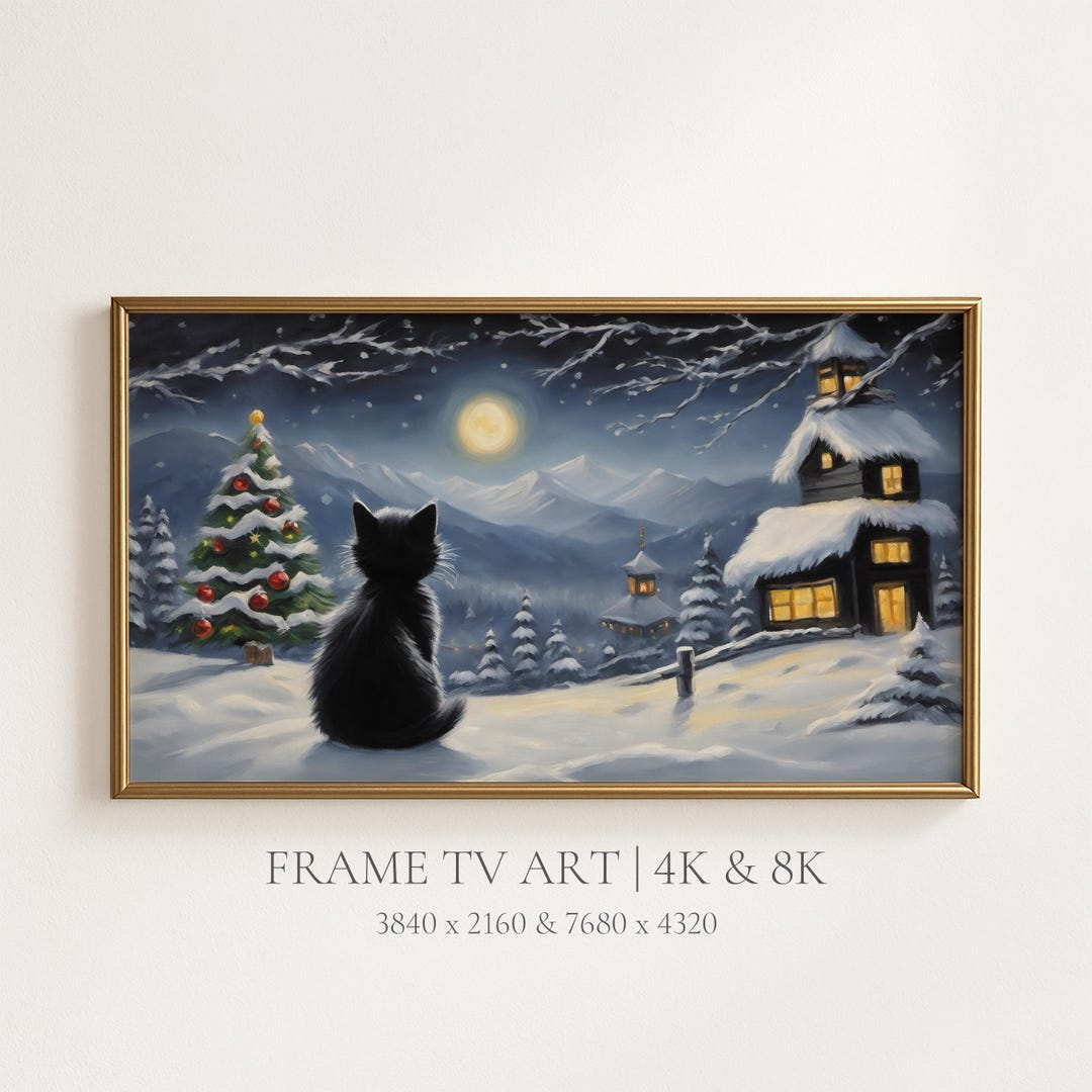 Frame TV Art | Cozy Christmas Black Cat Oil Painting | Holiday Lights ...