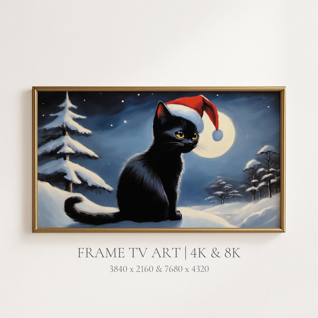 Santa Black Cat Frame TV Art: Christmas Eve Winter Scene (digital ...