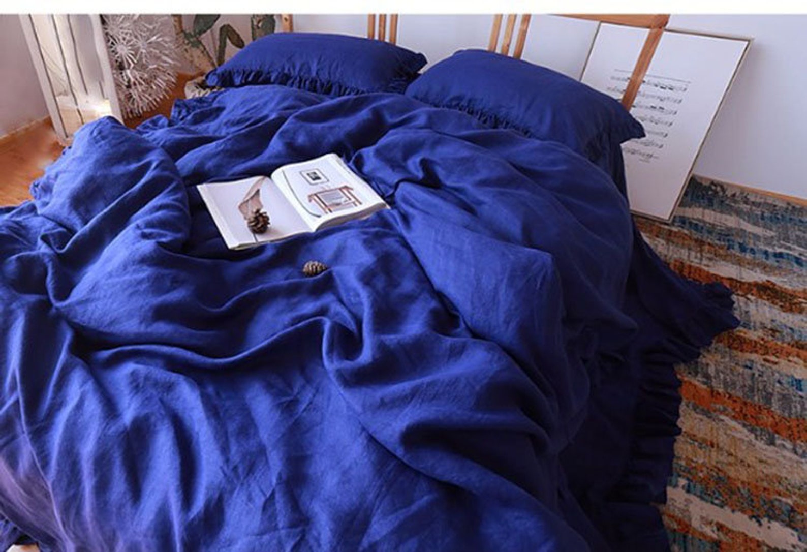 Royal Blue Organic Hemp Ruffles Duvet Cover With 2 Pillowcases - Etsy