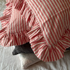 Red and White Stripe Linen Ruffled Pillowcase, Candy Striped Pillow ...