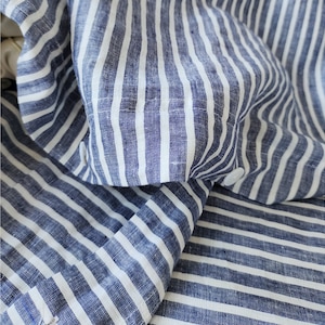 Set of 3 Stone Washed Pure Linen, Blue Striped Bedding Linen, Bed Set ...