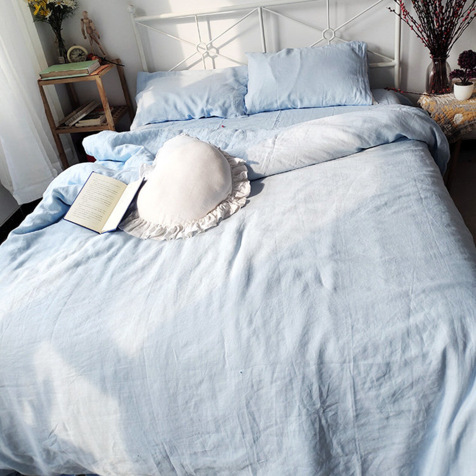 Baby Blue Linen Duvet Cover Set — Prewashed, Includes Two Pillowcases ...