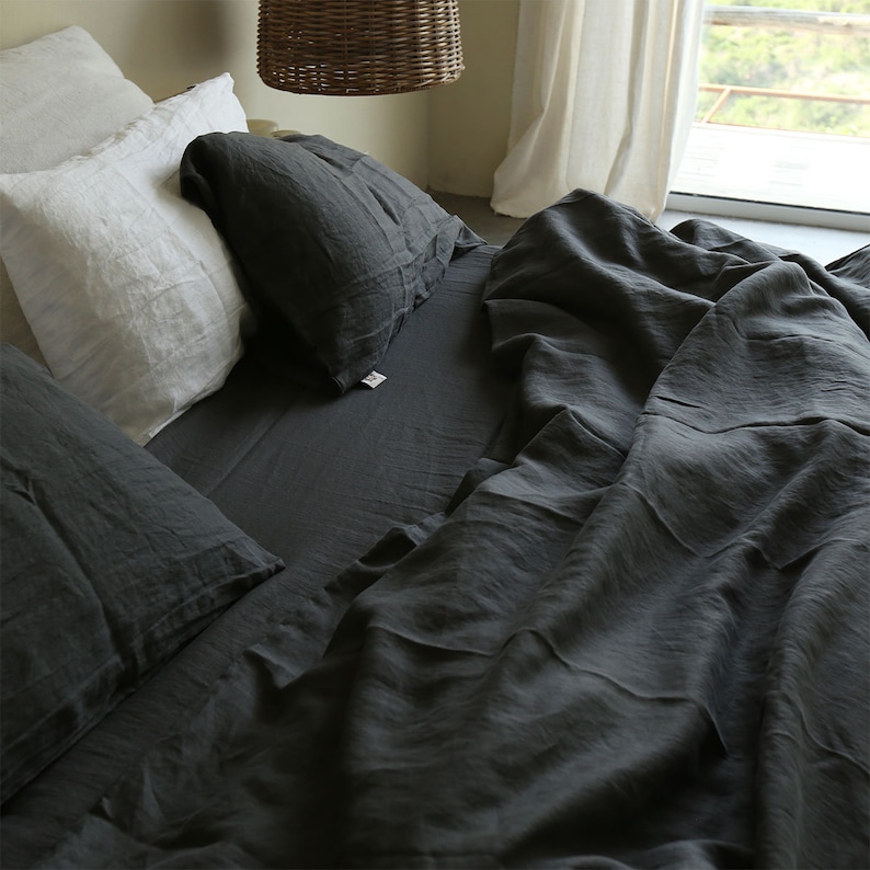 Set of 3 Stone Washed Pure Linen Bed Set Duvet Cover + 2 Pillowcases ...