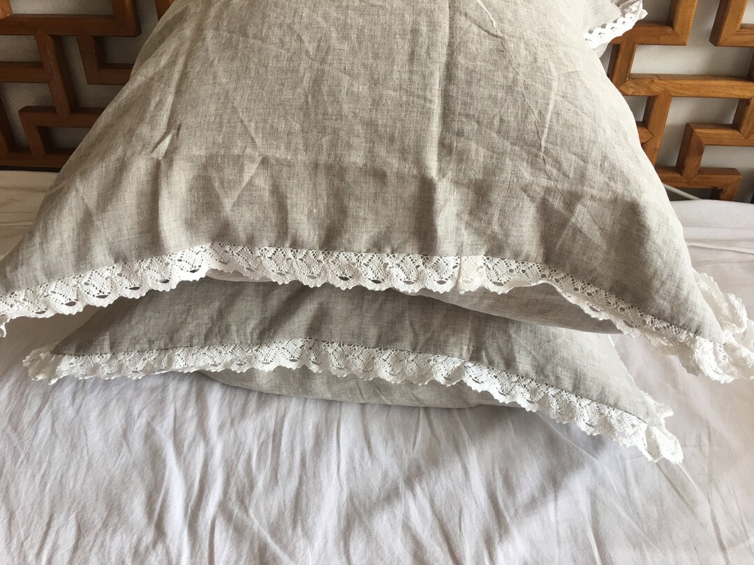 2 Shabby Chic 100% Linen Large European Square Pillow Case Cover Shams ...