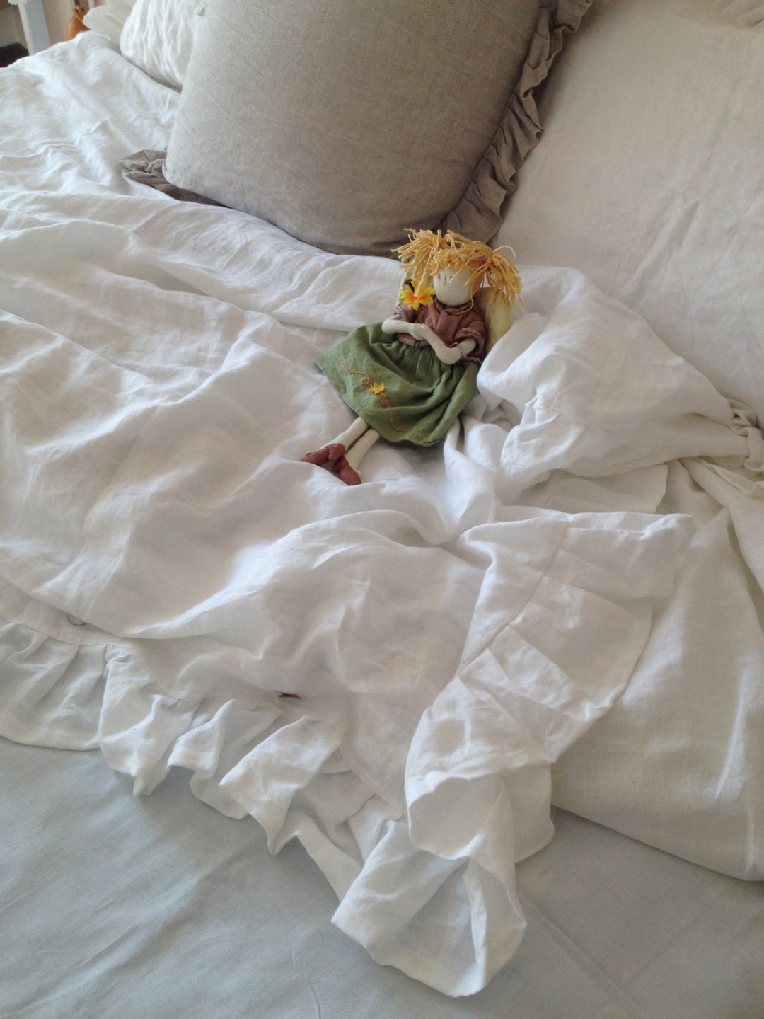 Washed Linen Ruffled Flat Sheet, Shabby Chic Bed Coverlet or Summer ...