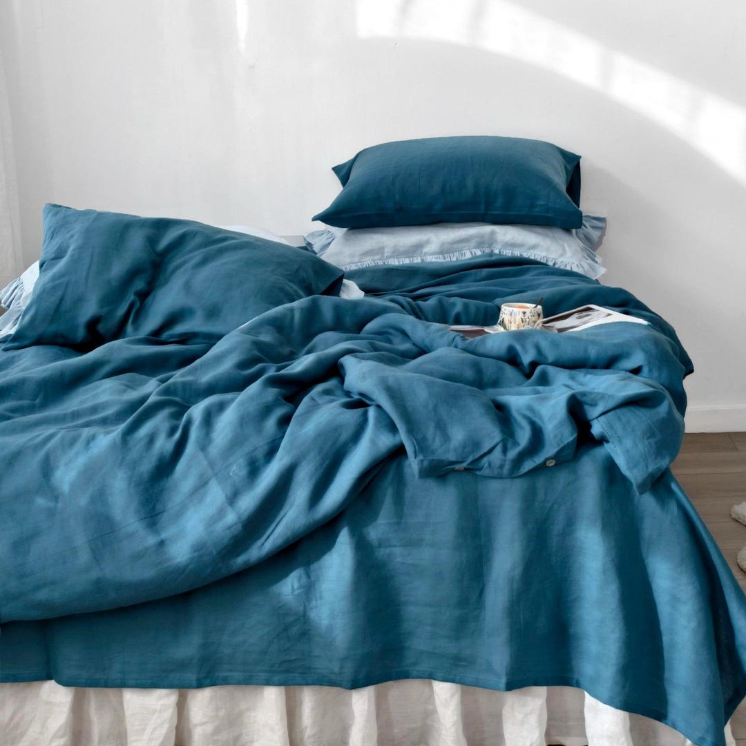 Soft Ocean Blue Linen Duvet Cover Set, 100% European Washed Linen ...