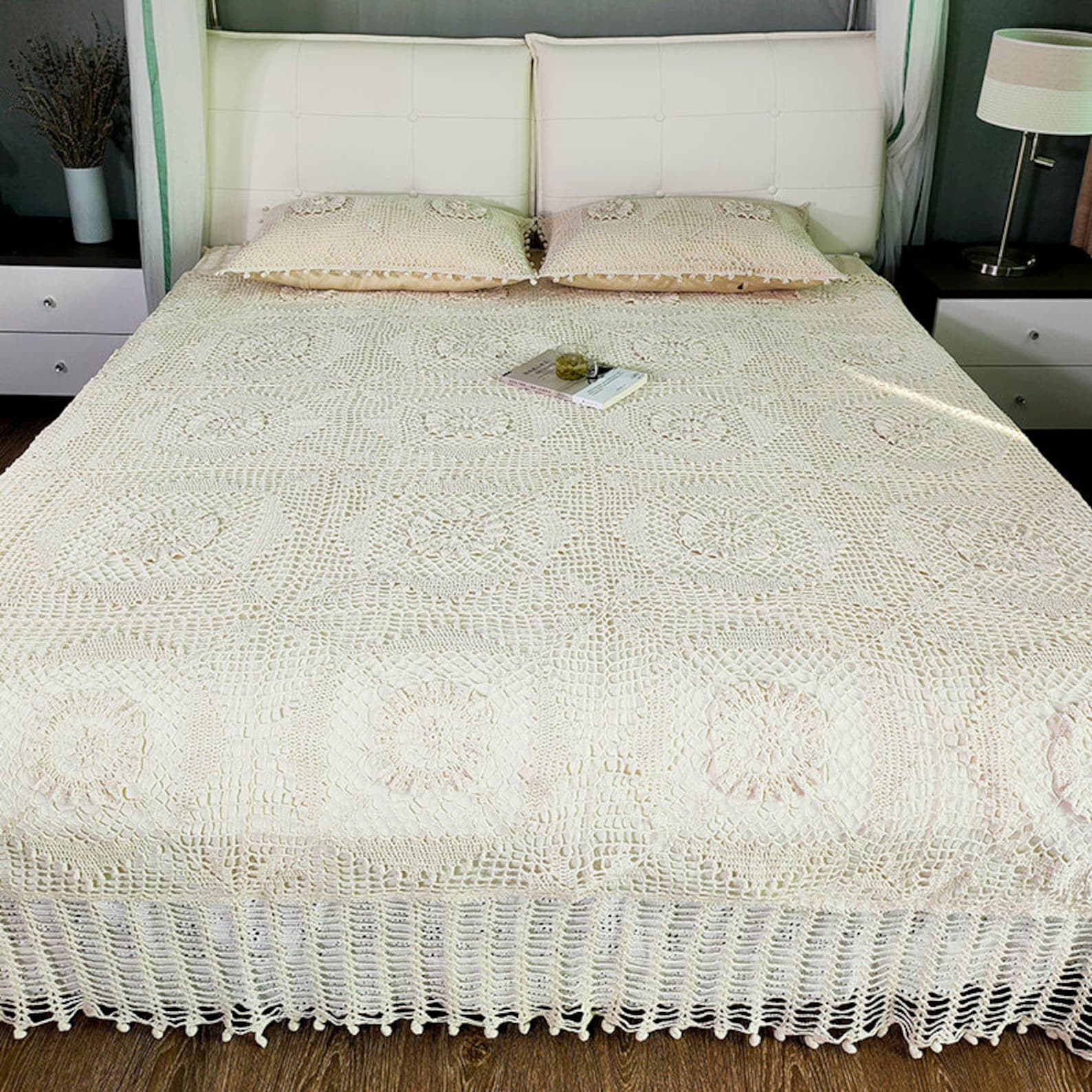 Set of 3 Hand Crochet Bedspread, Bed Cover, Vintage Lace Blanket With 2 ...