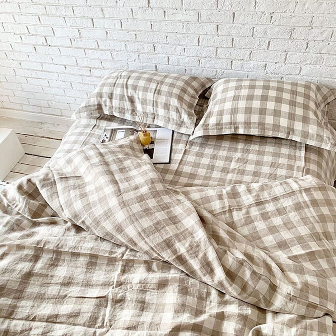 3-piece Washed Pure Linen Bedding Set With Buffalo Check/gingham ...