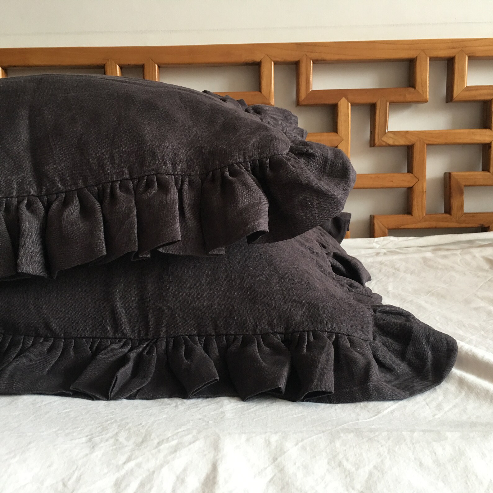 TWO Shabby Chic 100% Hemp Pillowcases Ruffled Brown Black - Etsy