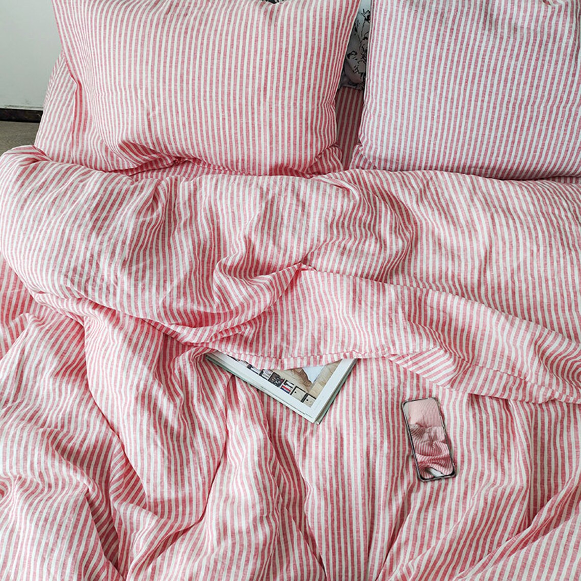 Stone Washed Pure Linen Bedding Red Striped Duvet Cover 2 | Etsy