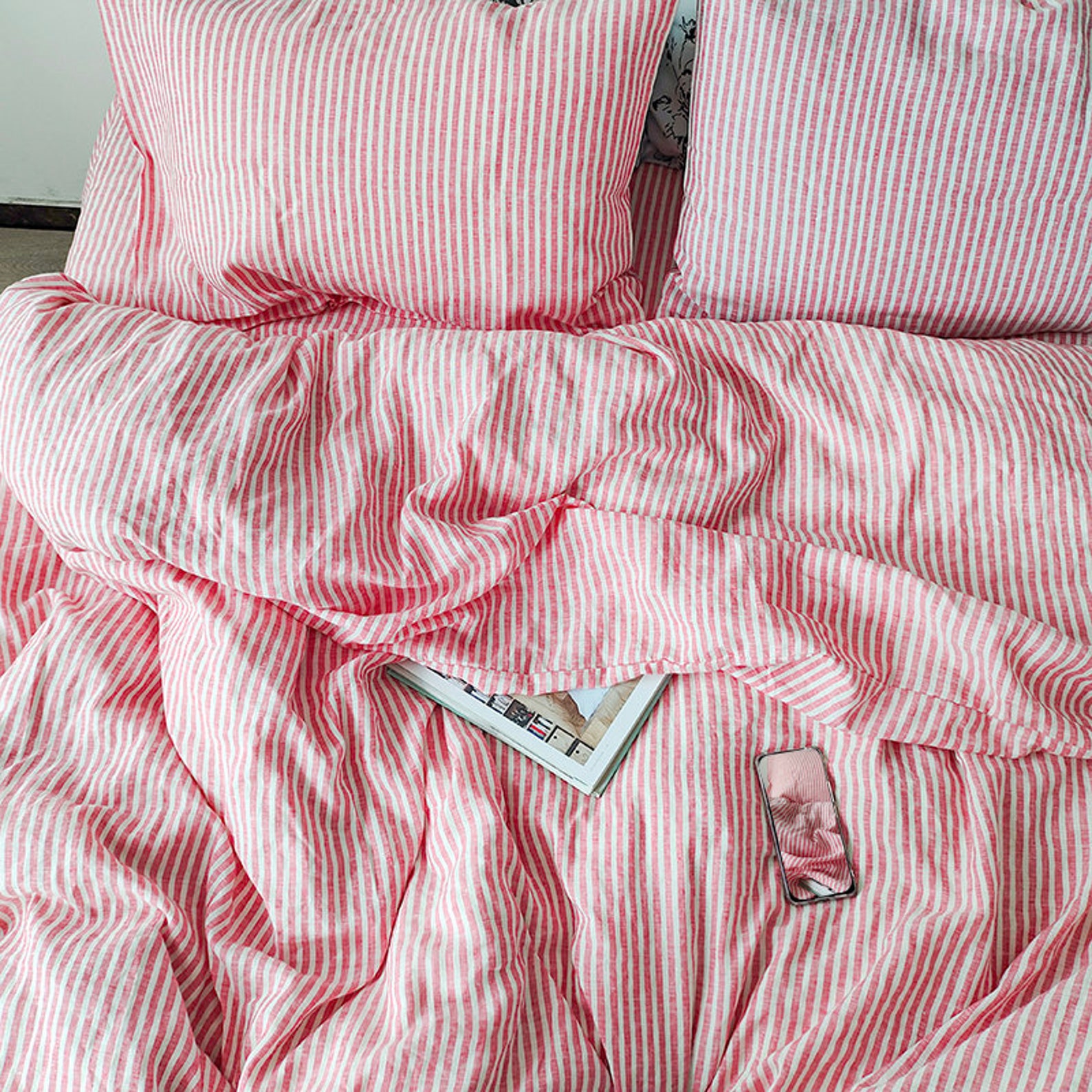 Stone Washed Pure Linen Bedding Red Striped Duvet Cover 2 | Etsy