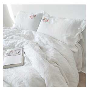 Set of 3 Stone Washed Pure Linen Bedding, Luxurious Floral Embroidery ...