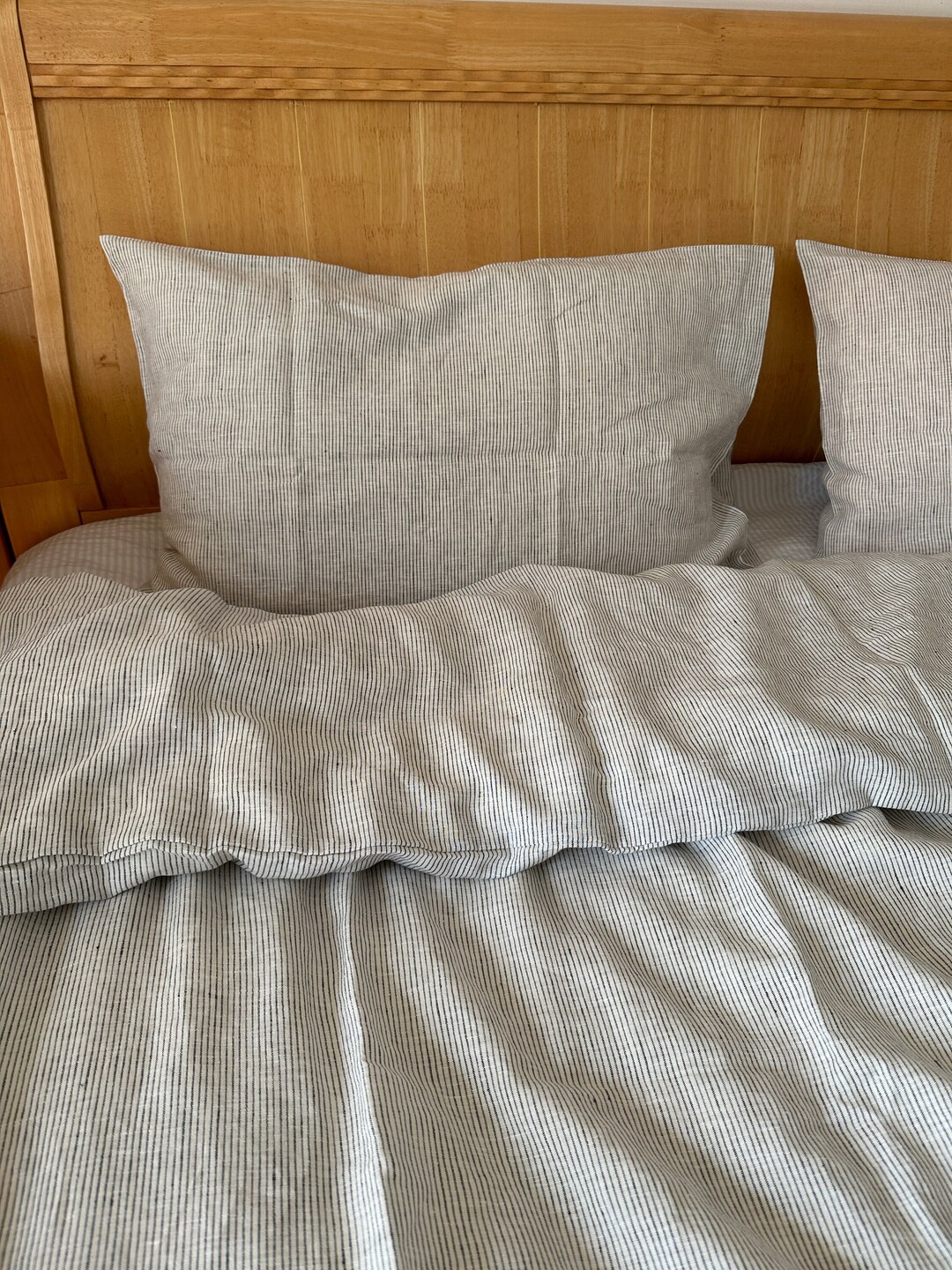 Set of 3 Stone Washed Pure Linen, Subtle Navy Striped Duvet Cover Set ...