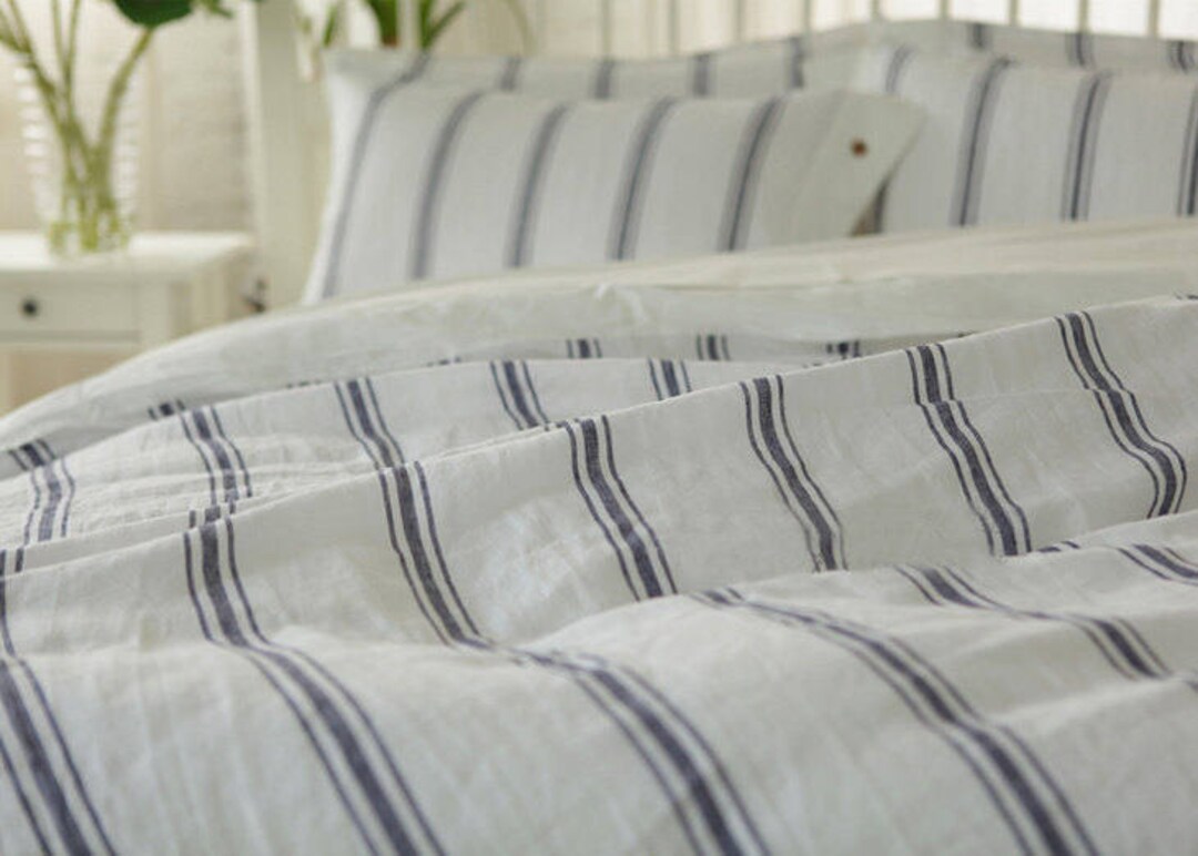 Set of 3 Stone Washed Pure Linen, White and Blue Striped Bedding Linen ...
