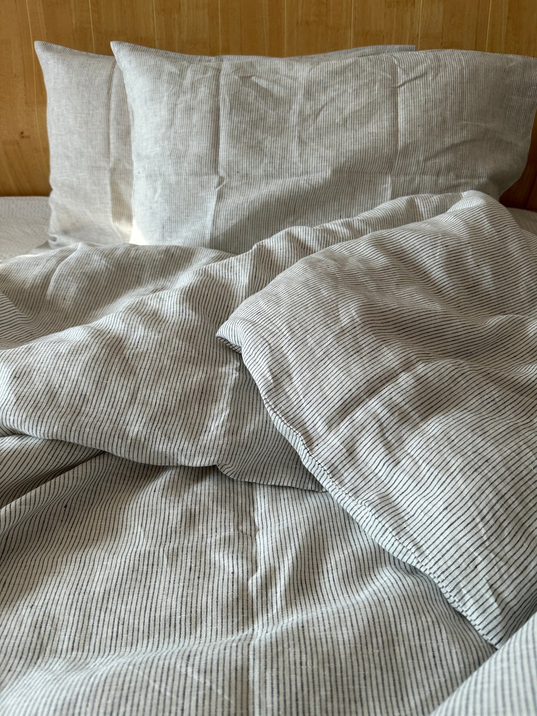 Set of 3 Stone Washed Pure Linen, Subtle Navy Striped Duvet Cover Set ...