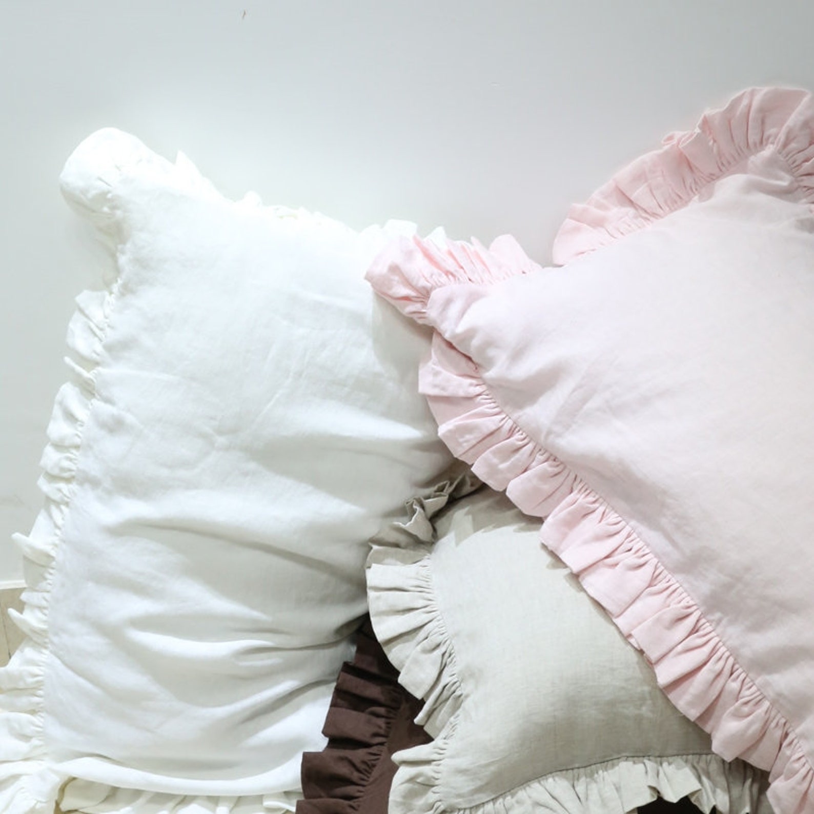 Set of TWO Shabby Chic PRE Washed Linen Ruffled Pillowcases Hand Made ...