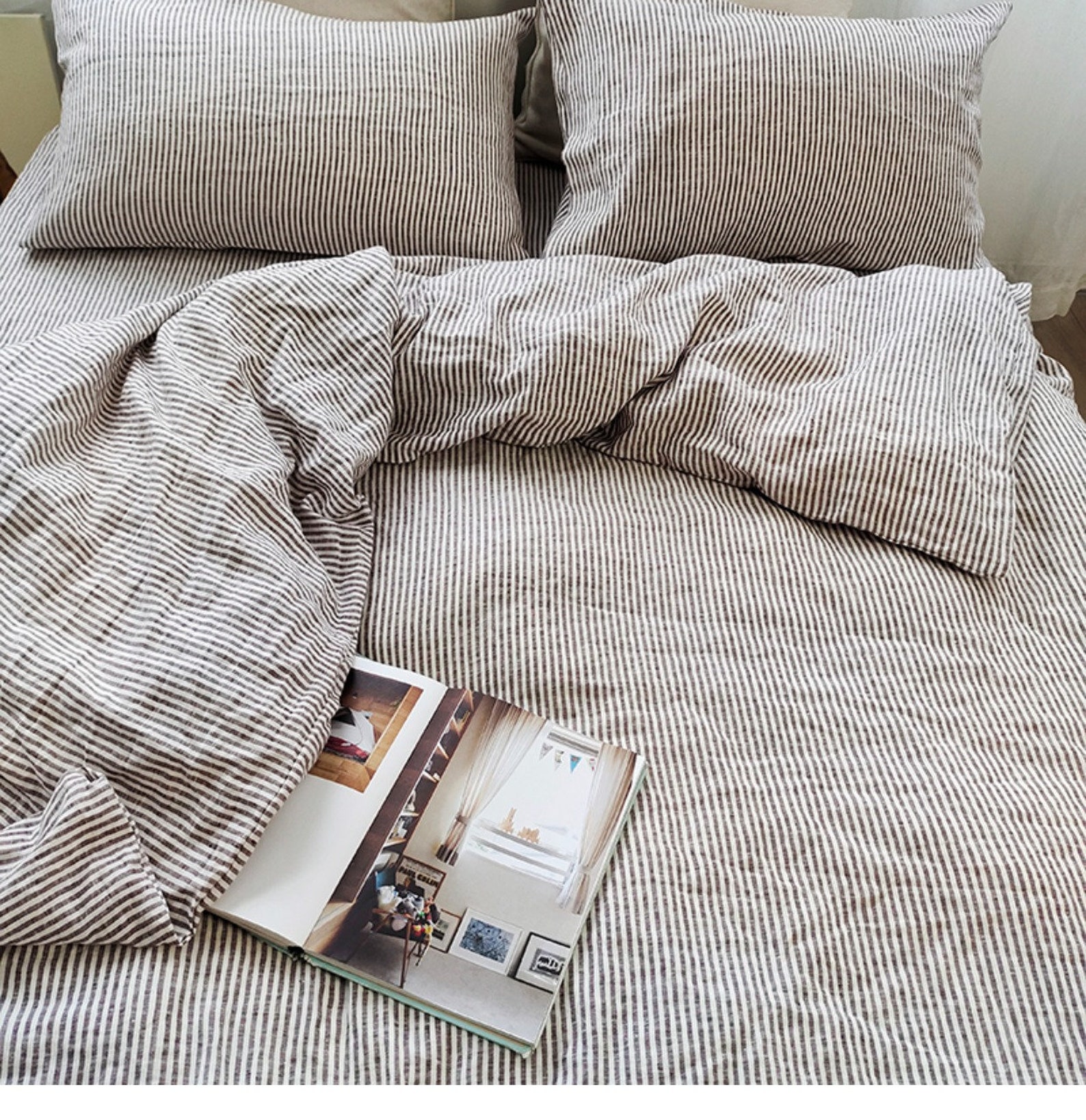 Set of 3 Stone Washed Pure Linen, Brown Striped Bedding Linen, Bed Set ...