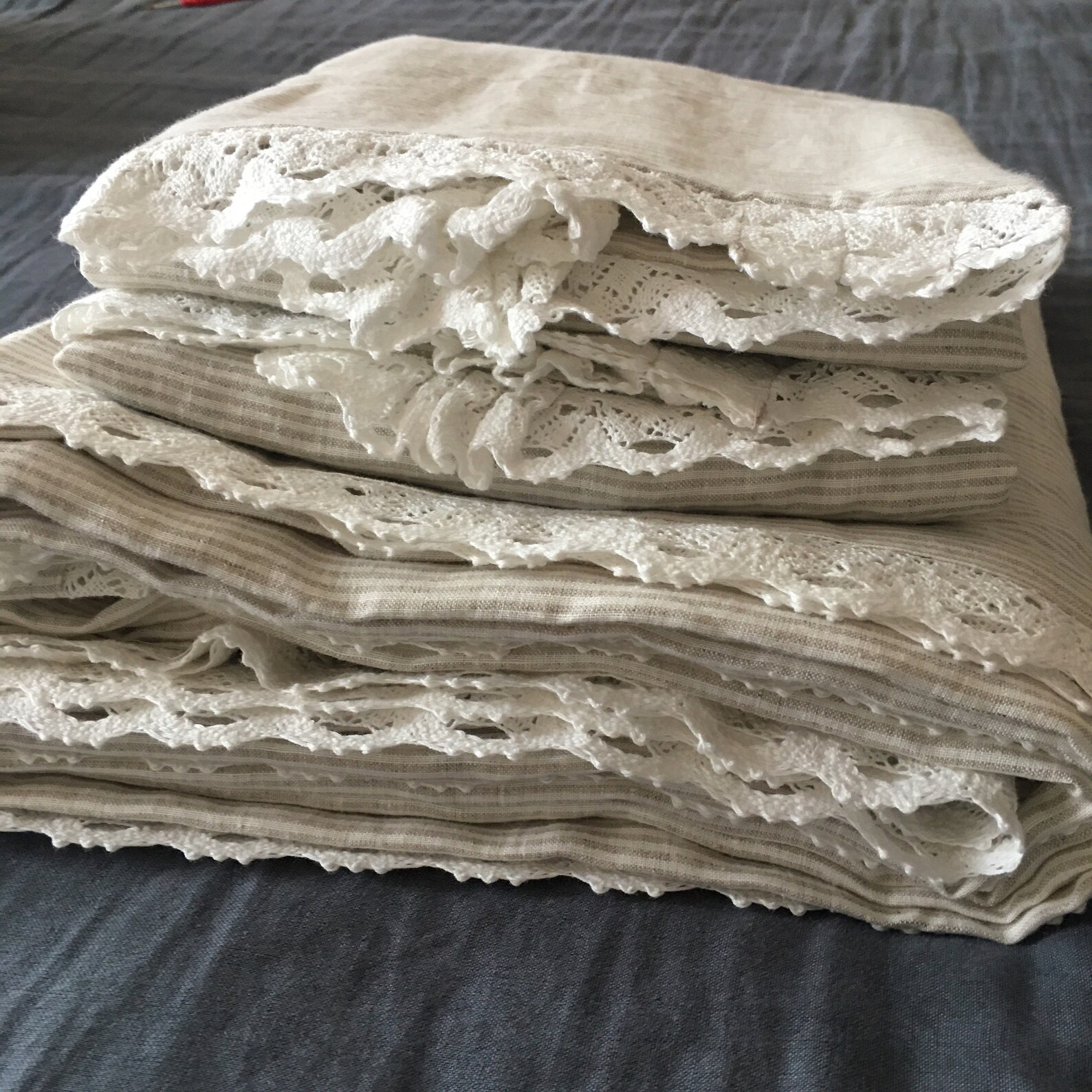 Stone Washed Linen Bedding Set, Striped Linen Sheet Set, Ticking Linen ...