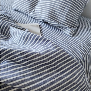 3-piece Stone Washed Pure Linen Bedding Set, Blue Striped Duvet Cover ...