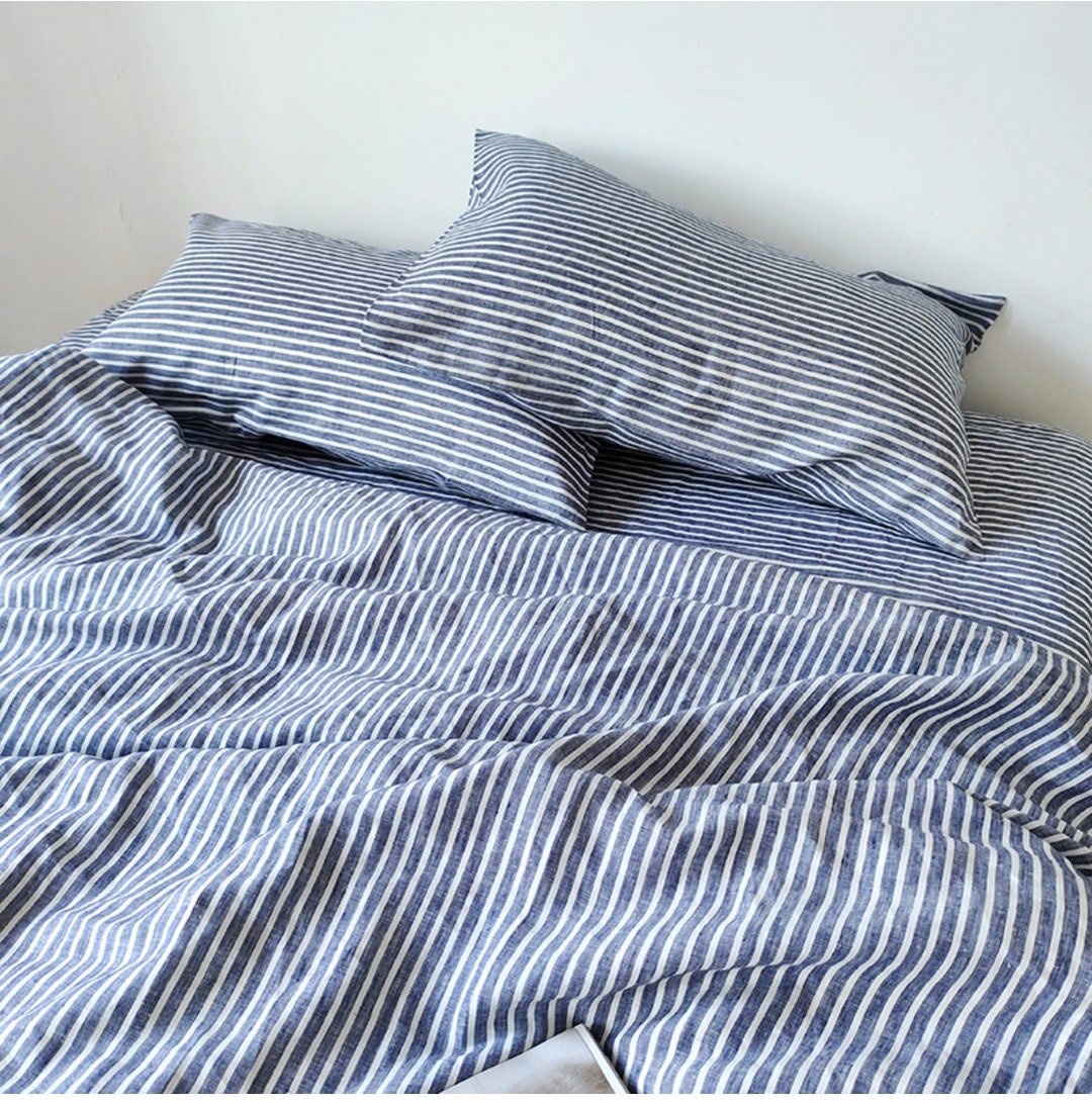 Set of 3 Stone Washed Pure Linen, Blue Striped Bedding Linen, Bed Set ...
