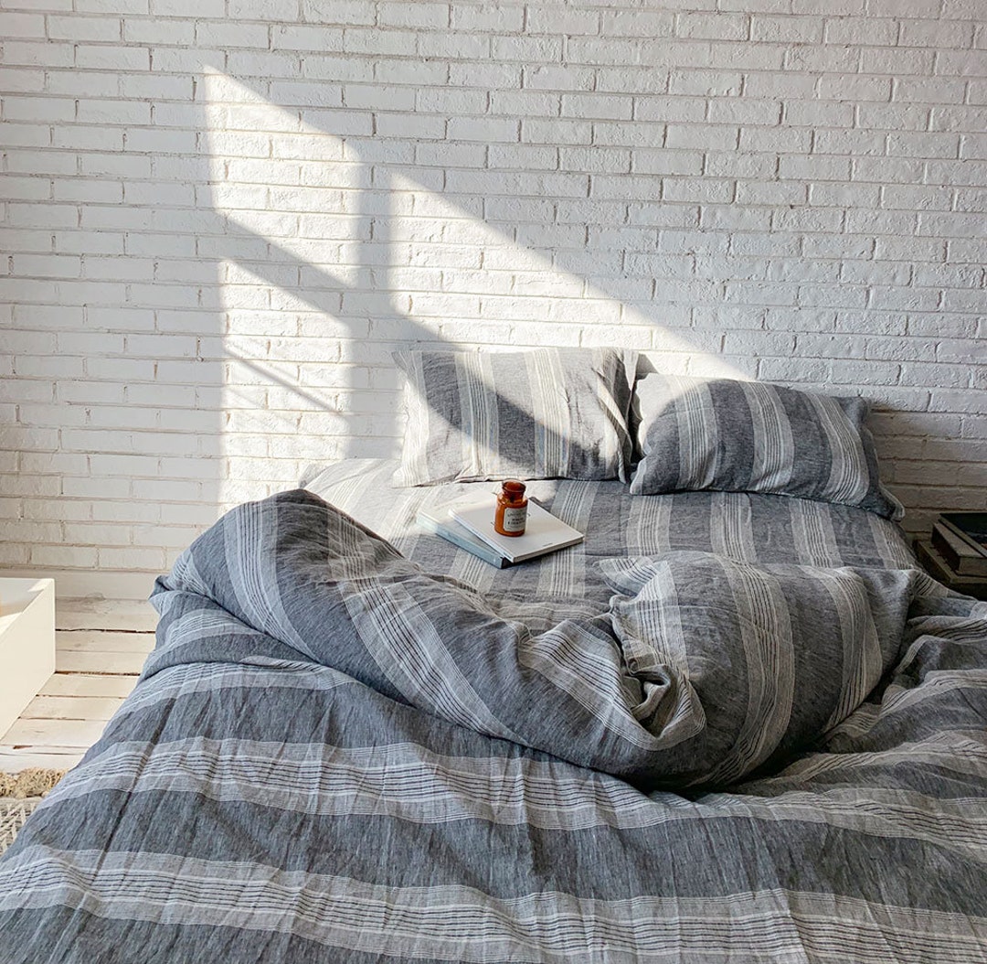 Set of 3 Stone Washed Pure Linen, Yarn Dyed Gray Striped Bedding Linen ...