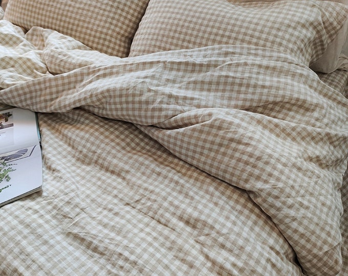 Set of 3 Natural Beige Gingham Linen Duvet Cover Set Rustic Bedding ...