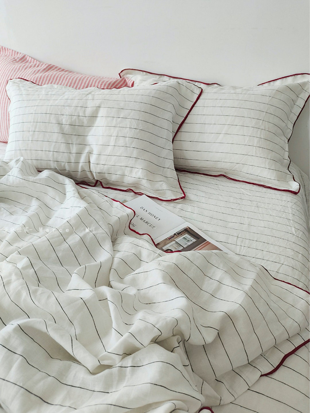 100% Linen Bedding Set With Embroidery Edge, Pin Stripe Duvet Cover Set ...