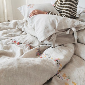 Set of 3 Stone Washed Pure Linen Bedding, Luxurious Floral Embroidery ...