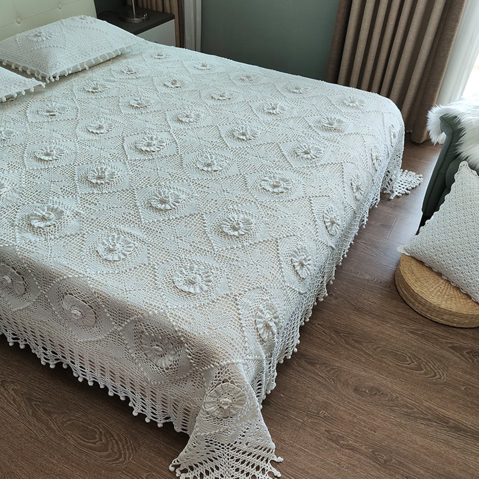 Set of 3 Hand Crochet Bedspread, Bed Cover, Vintage Lace Blanket With 2 ...