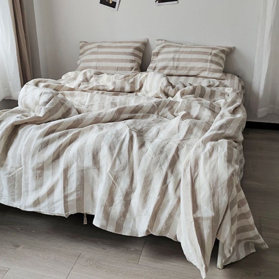 Set of 3 Stone Washed Pure Linen, Oatmeal and Ivory Striped Bedding ...
