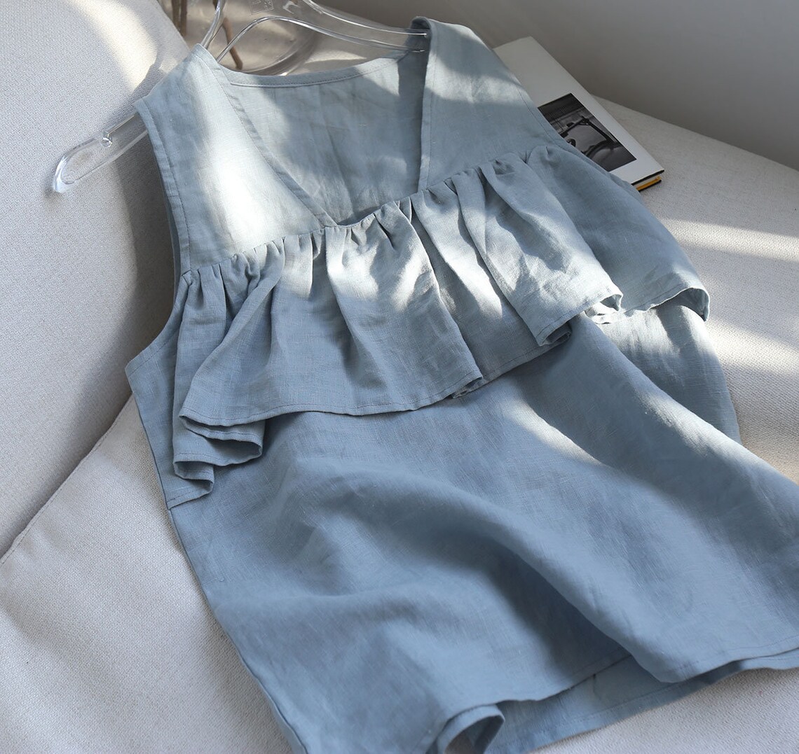 Sleeveless Linen Women Blouse Ruffled Linen Top - Etsy