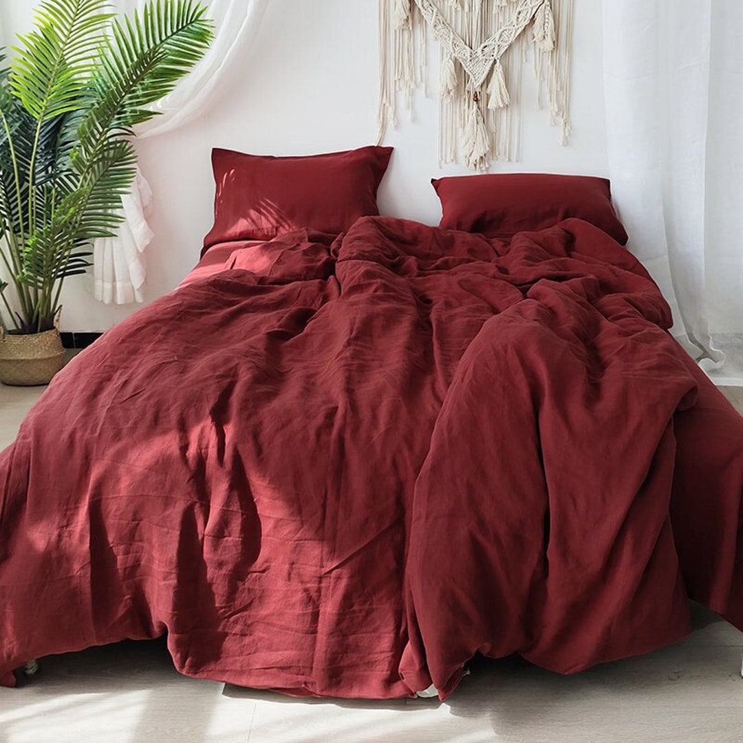 Set of 4 Stone Washed 100% Linen Duvet Cover Set, Solid Burgundy, King ...