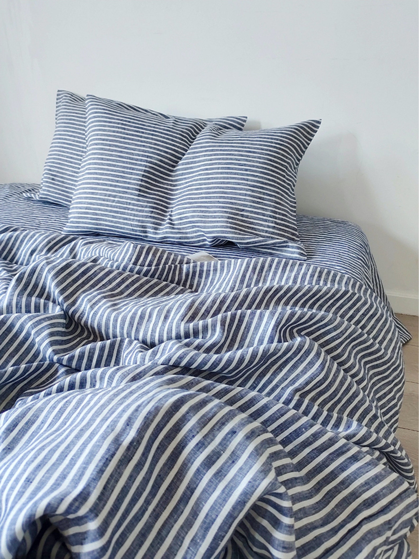 Set of 3 Stone Washed Pure Linen, Blue Striped Bedding Linen, Bed Set ...
