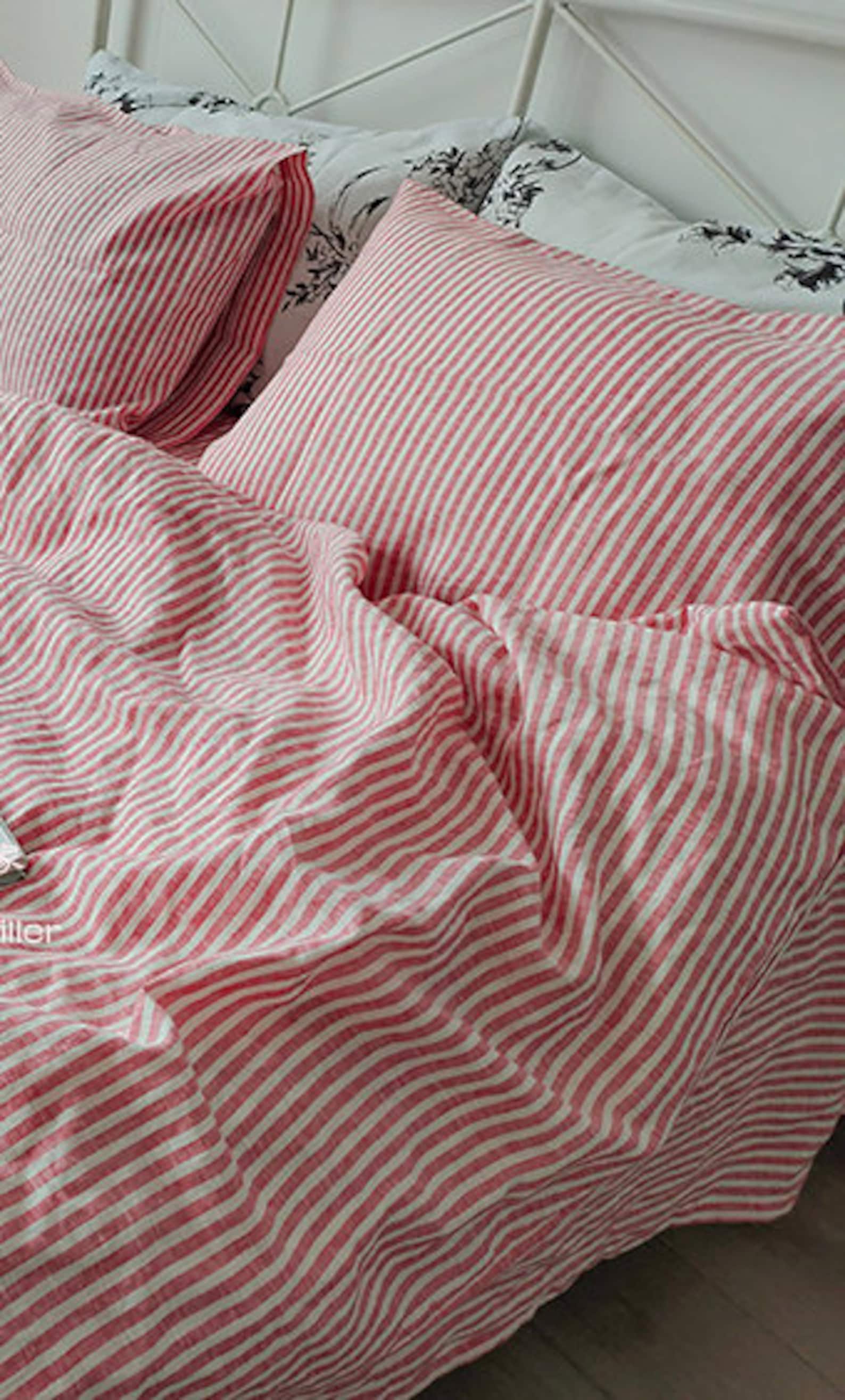 Stone Washed Pure Linen Bedding, Red Striped Duvet Cover + 2 ...