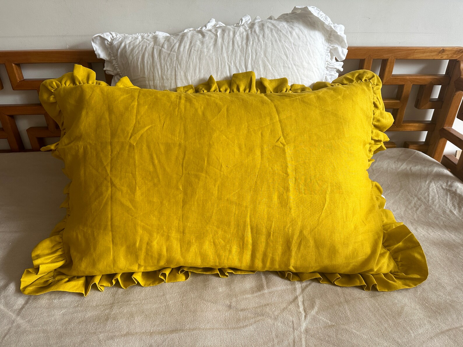 Set of TWO Shabby Chic PRE Washed Linen Ruffled Pillowcases Hand Made ...