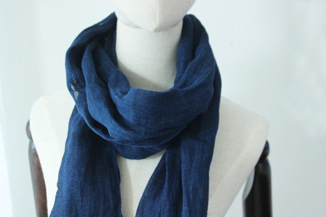 Large Softened Linen Scarf Wrapper Shawl, Hand Dyed Natural Navy Indigo ...