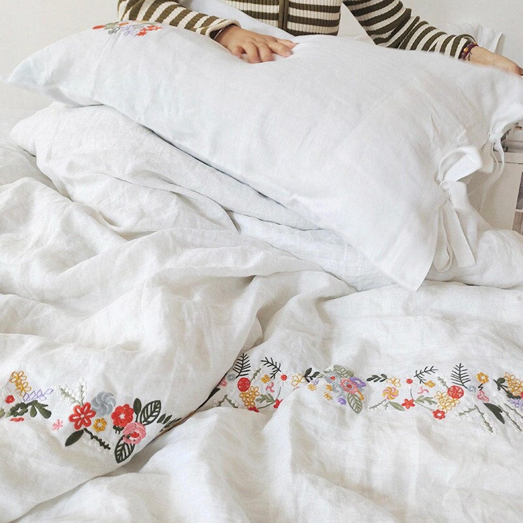 Set of 3 Stone Washed Pure Linen Bedding, Luxurious Floral Embroidery ...