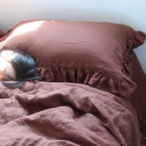 Set of TWO Shabby Chic PRE Washed Linen Ruffled Pillowcases Hand Made ...