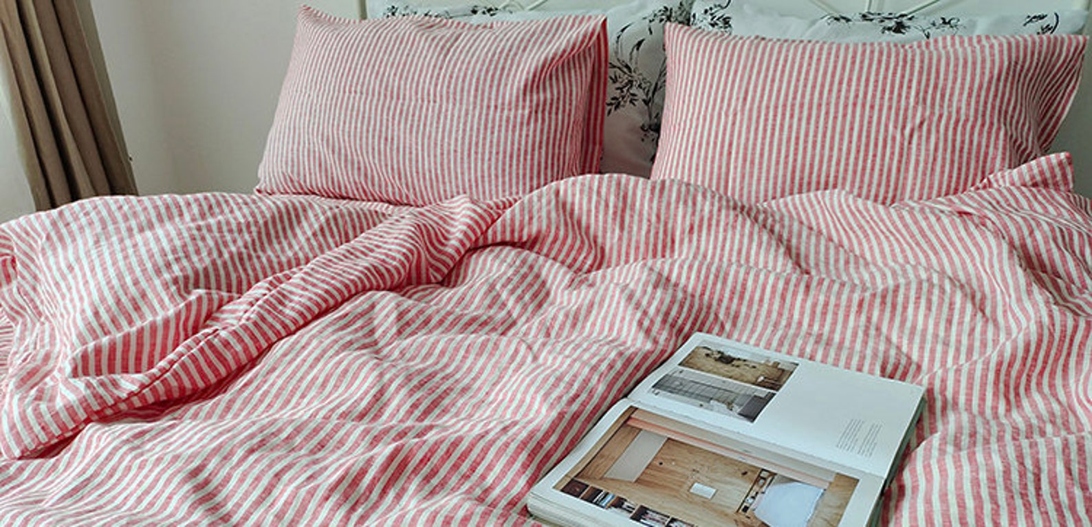 Stone Washed Pure Linen Bedding Red Striped Duvet Cover 2 | Etsy
