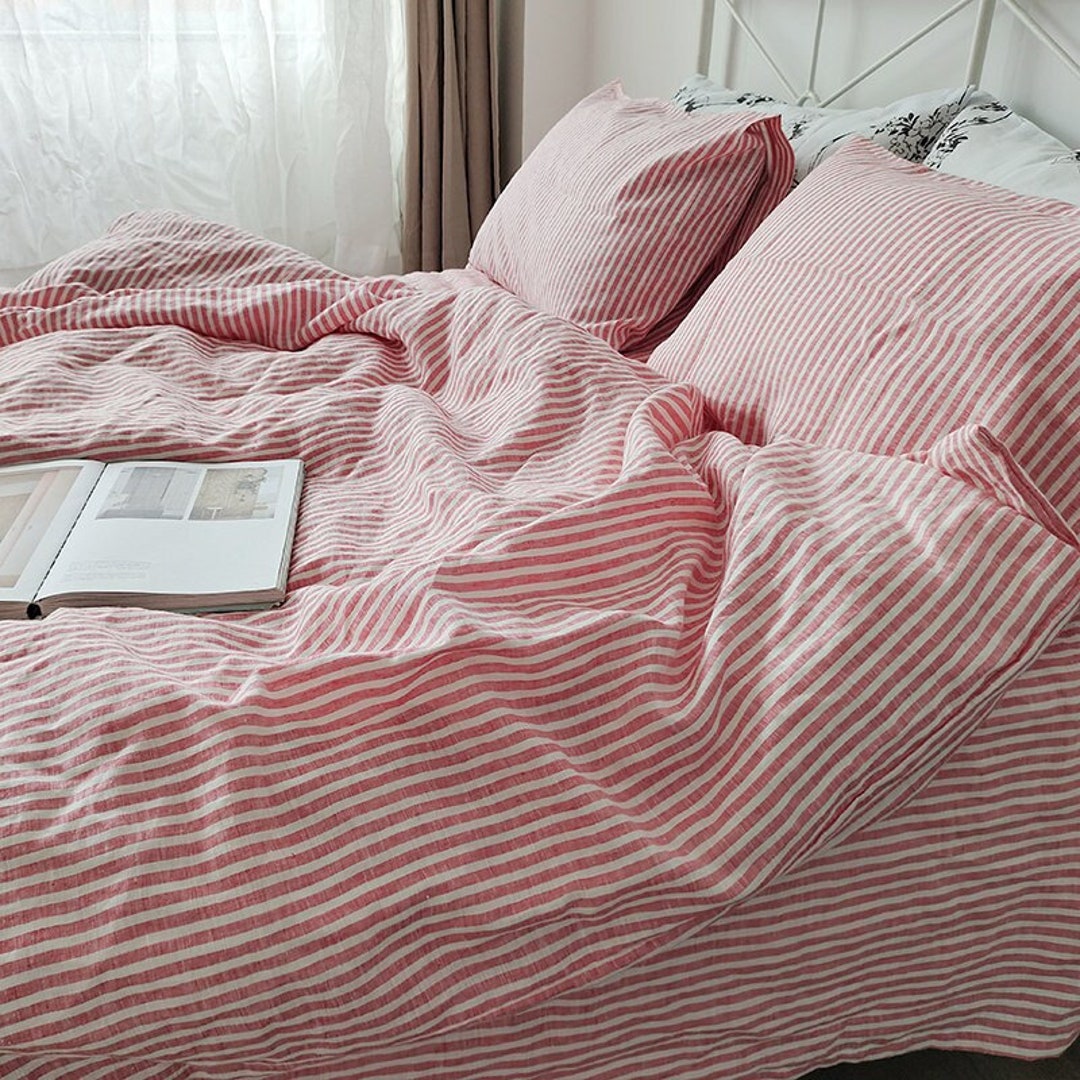 Stone Washed Pure Linen Bedding, Red Striped Duvet Cover + 2 ...